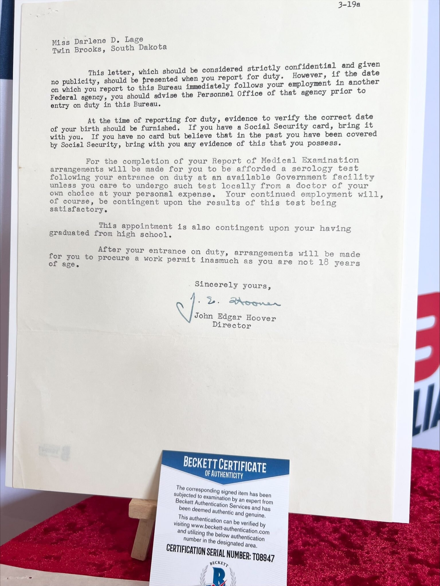 J Edgar Hoover Signed Original 1955 FBI Letter Beckett Authentication ...