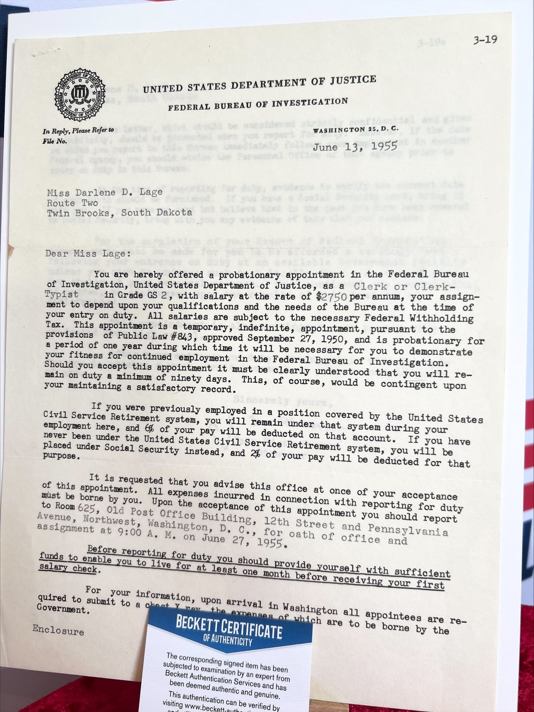 J Edgar Hoover Signed Original 1955 FBI Letter Beckett Authentication ...