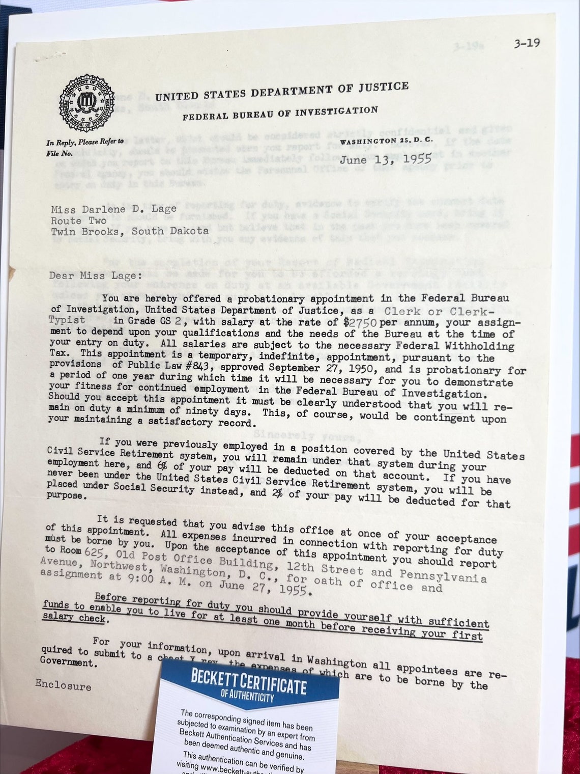 J Edgar Hoover Signed Original 1955 FBI Letter Beckett Authentication ...