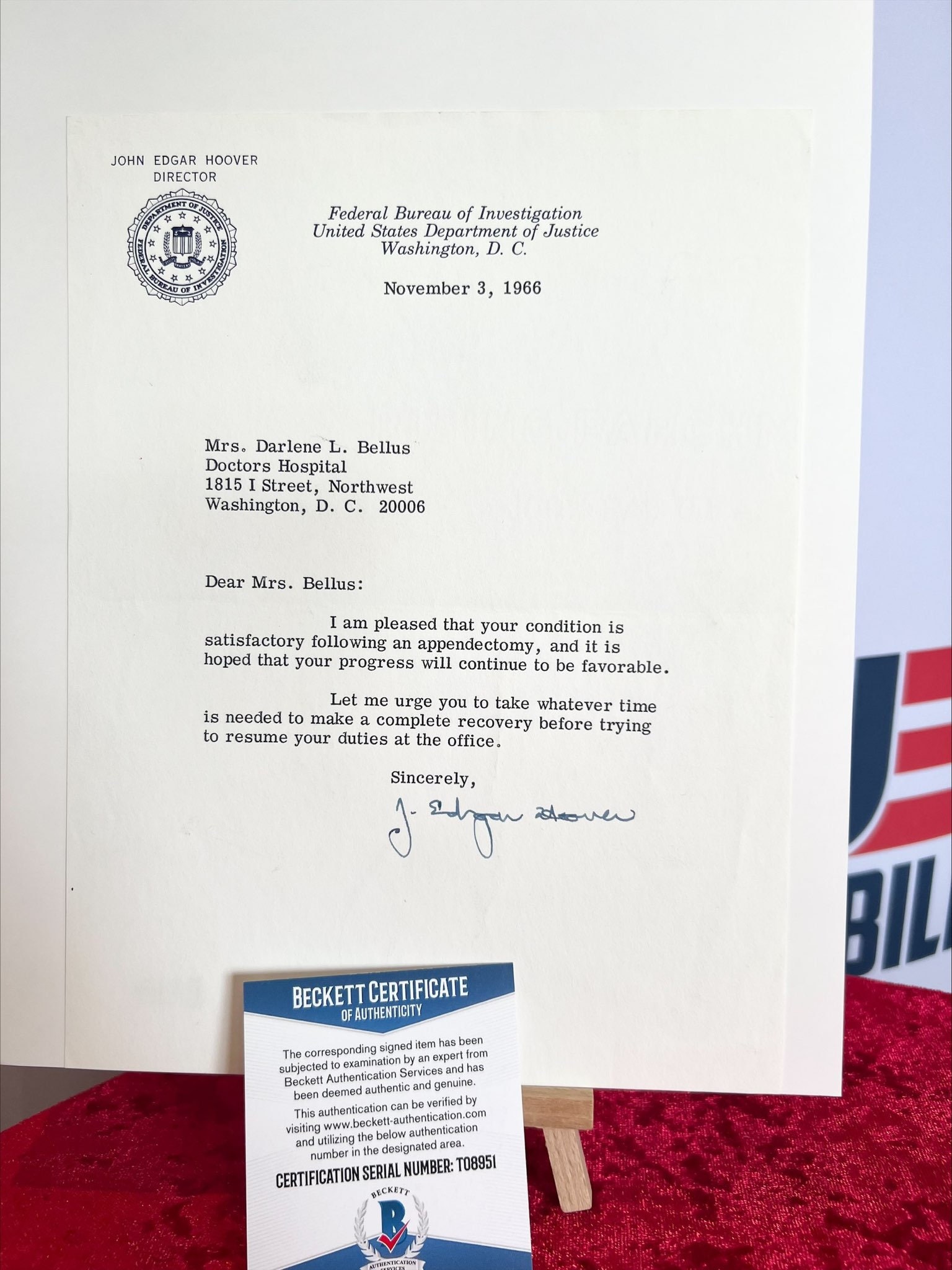 J Edgar Hoover Signed Original 1966 FBI Letter Beckett Authentication ...