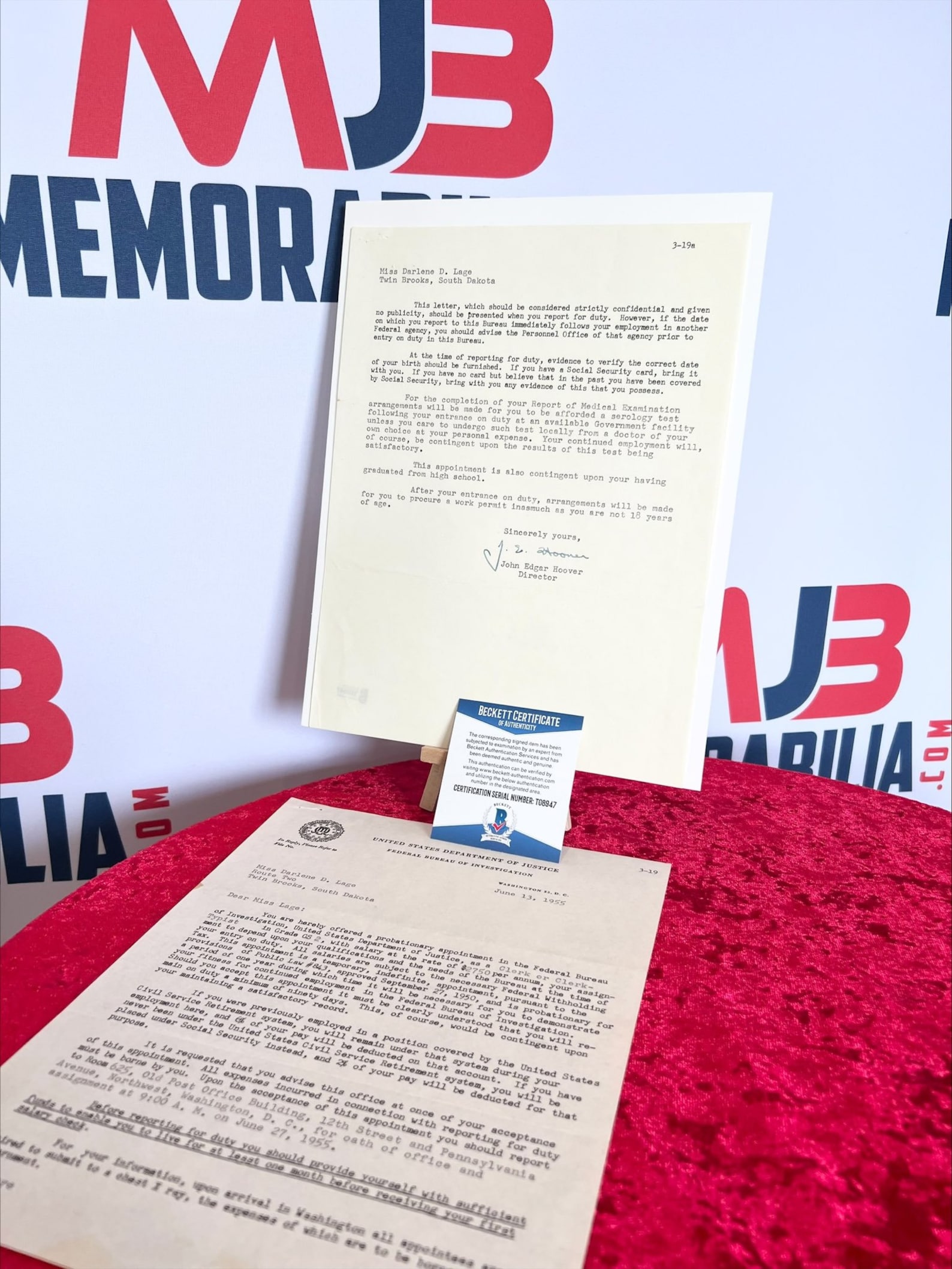 J Edgar Hoover Signed Original 1955 FBI Letter Beckett Authentication ...