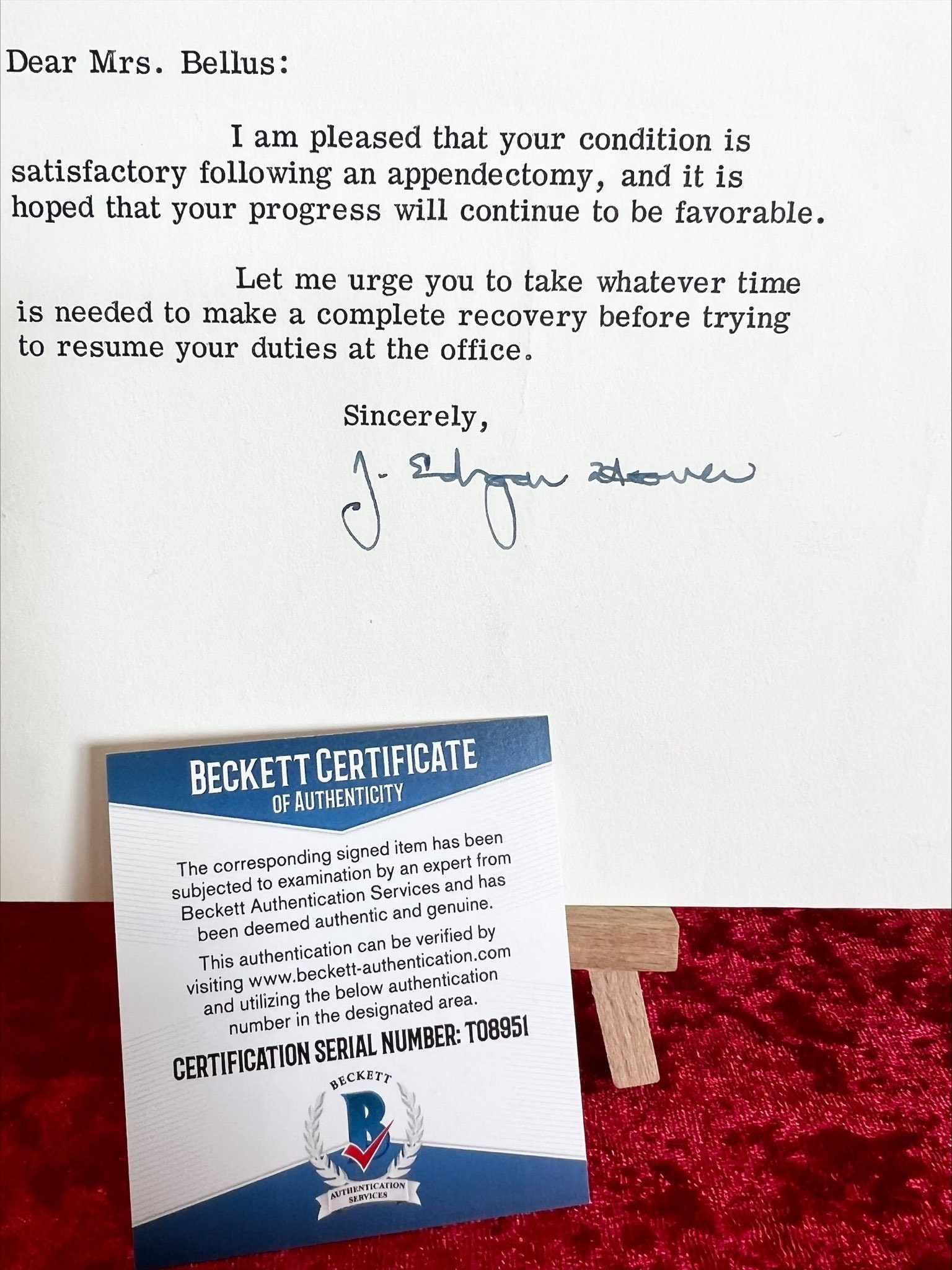 J Edgar Hoover Signed Original 1966 FBI Letter Beckett Authentication ...
