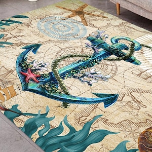 Nautical Area Rug, Ocean Themed Floor Mat, Coastal Carpet, Beach Decor ...
