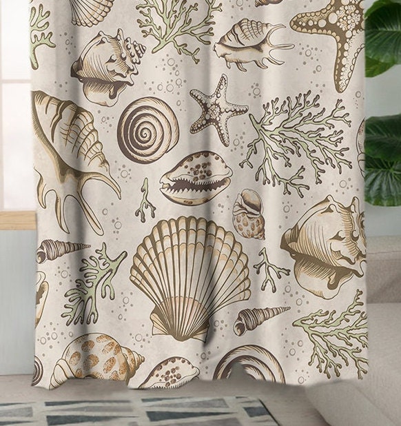 Curtains With Brown Seashells Design, Beach Theme Ocean Window ...