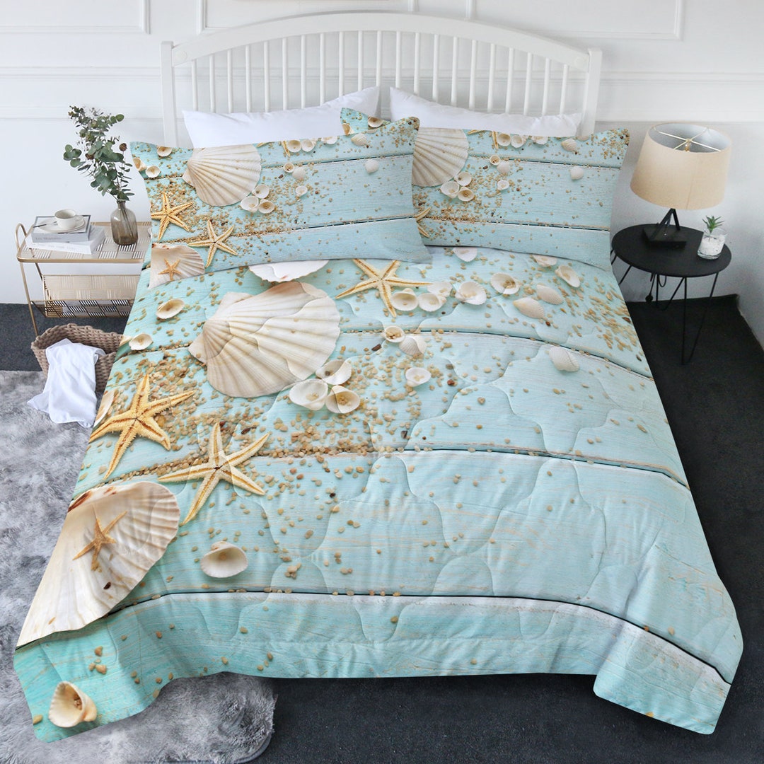 Coastal Comforter With 2 Pillowcases, Beach Bedding, Seashells on a ...