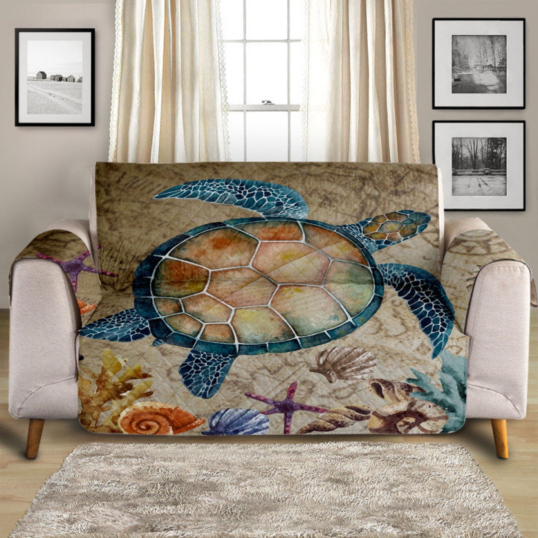 Brown Sea Turtle Quilted Couch Cover, Coastal Sofa Cover, Ocean Theme ...