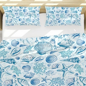 Coastal Duvet Cover, Reversible Quilt Cover, Blue Seashells Bedding Set ...