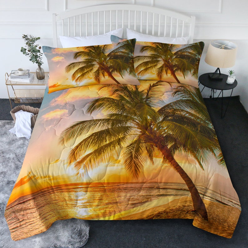 Tropical Comforter Set Beach Sunset Palm Tree Quilt King Queen - Etsy