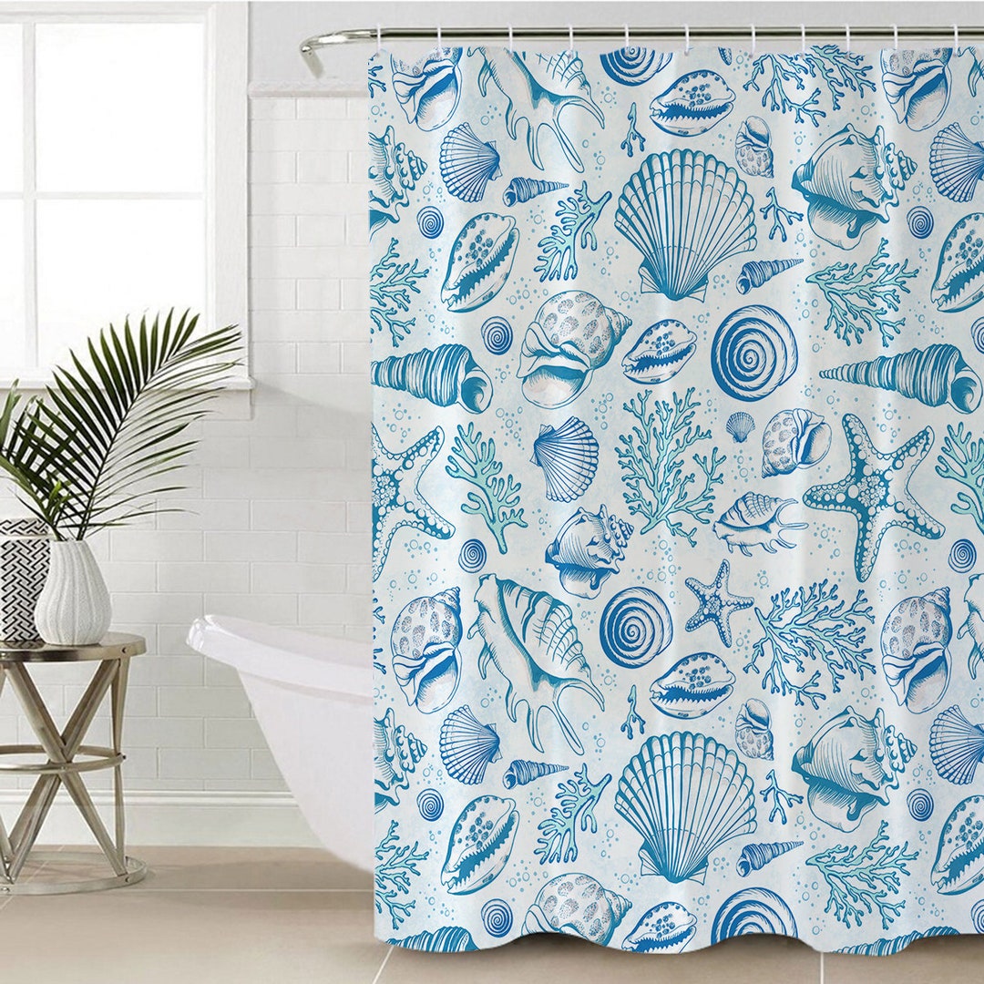 Blue Seashells Shower Curtain, Beach Theme Ocean Decor, Coastal Sealife ...