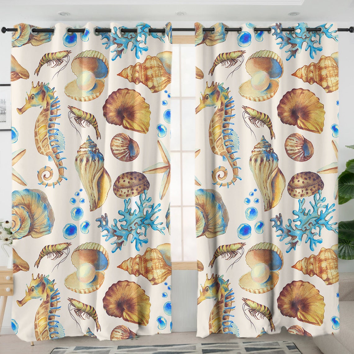 Seashells Curtains Beach Theme Ocean Window Treatments Coral Marine ...