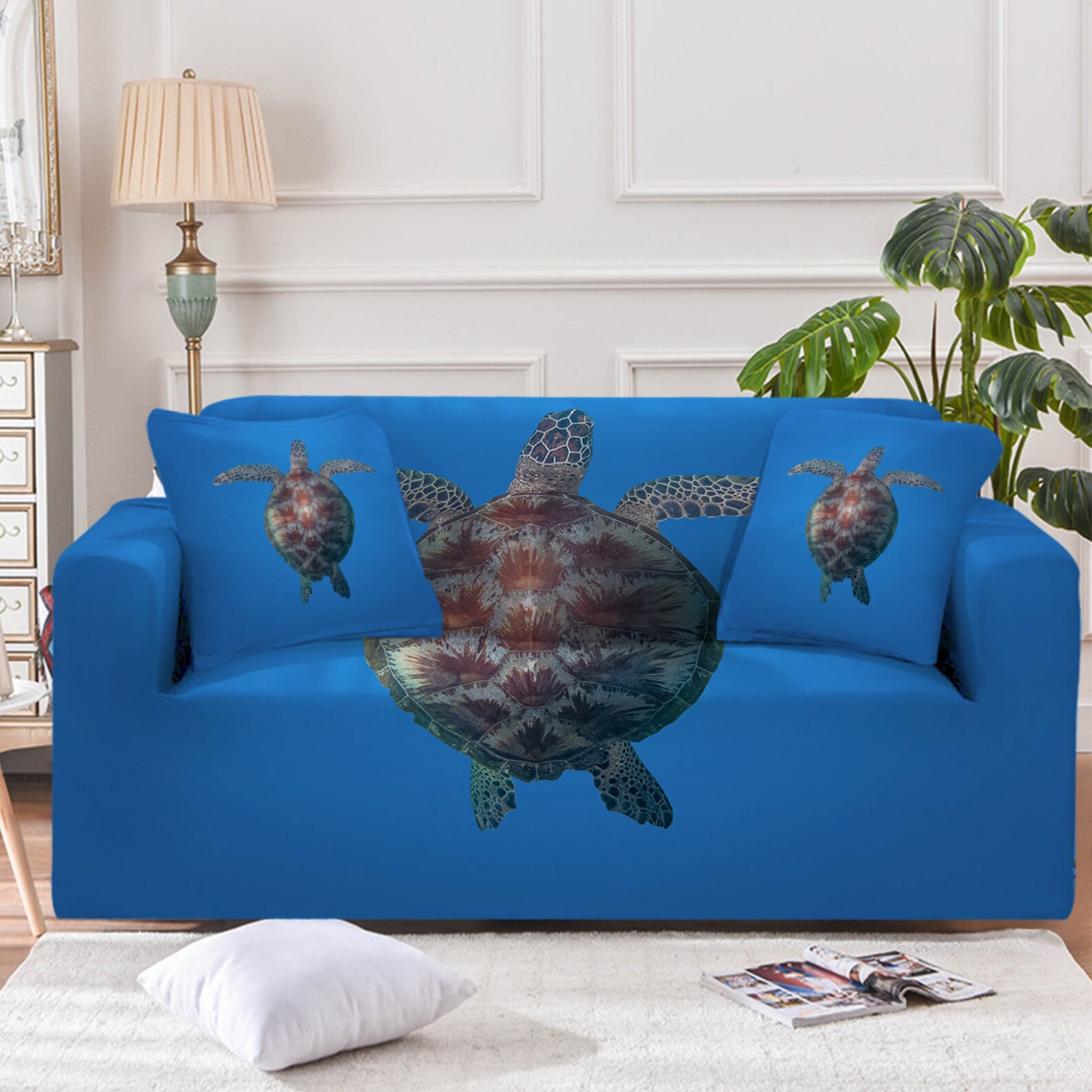 Sea Turtle Couch Cover, Sofa Slipcove, Green Blue Beach Ocean Theme ...