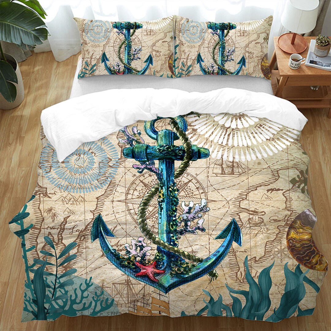 Nautical Duvet Cover, Anchor Quilt Cover, Sea Chart Bedding Set, Ocean ...