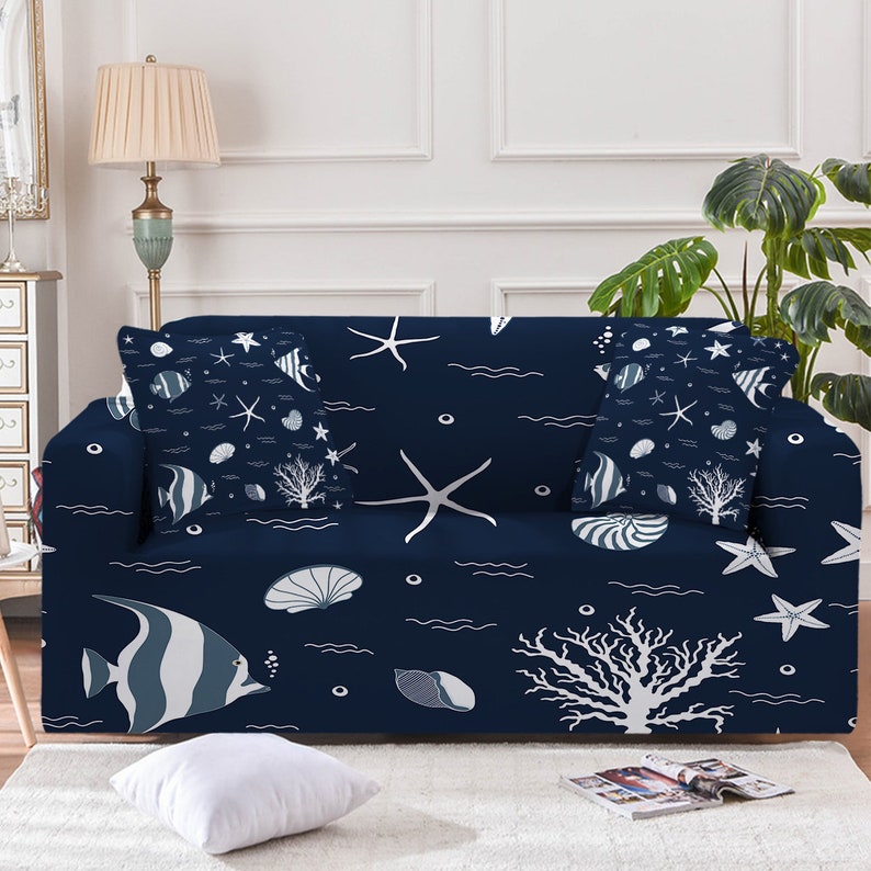 Blue Ocean Couch Cover, Sealife Sofa Slipcover, Fish Coral Seashells ...