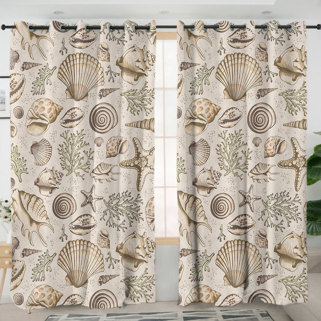 Curtains With Brown Seashells Design, Beach Theme Ocean Window ...