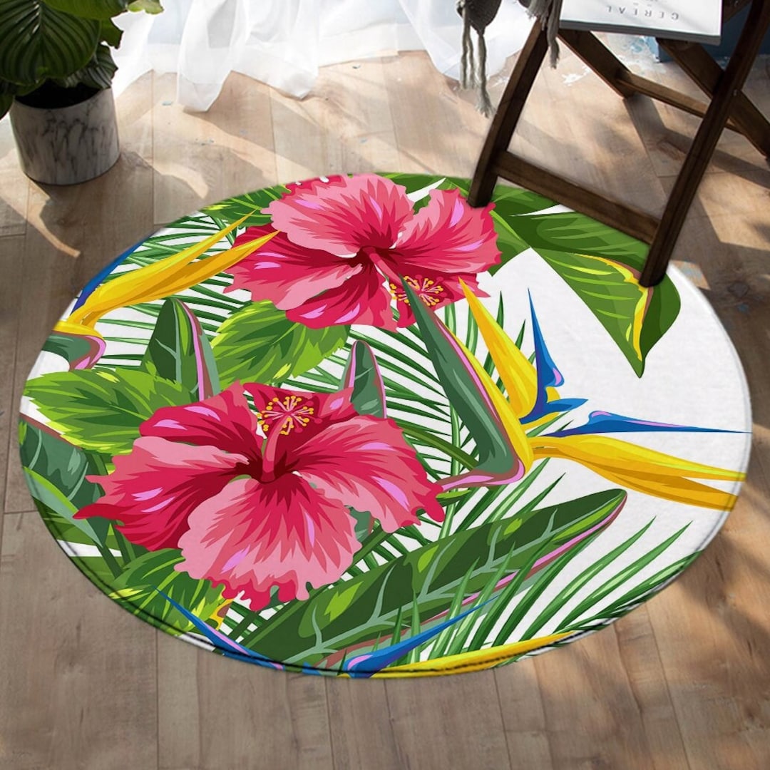 Hibiscus Floral Round Area Rug, Tropical Floor Mat, Hawaiian Paradise ...