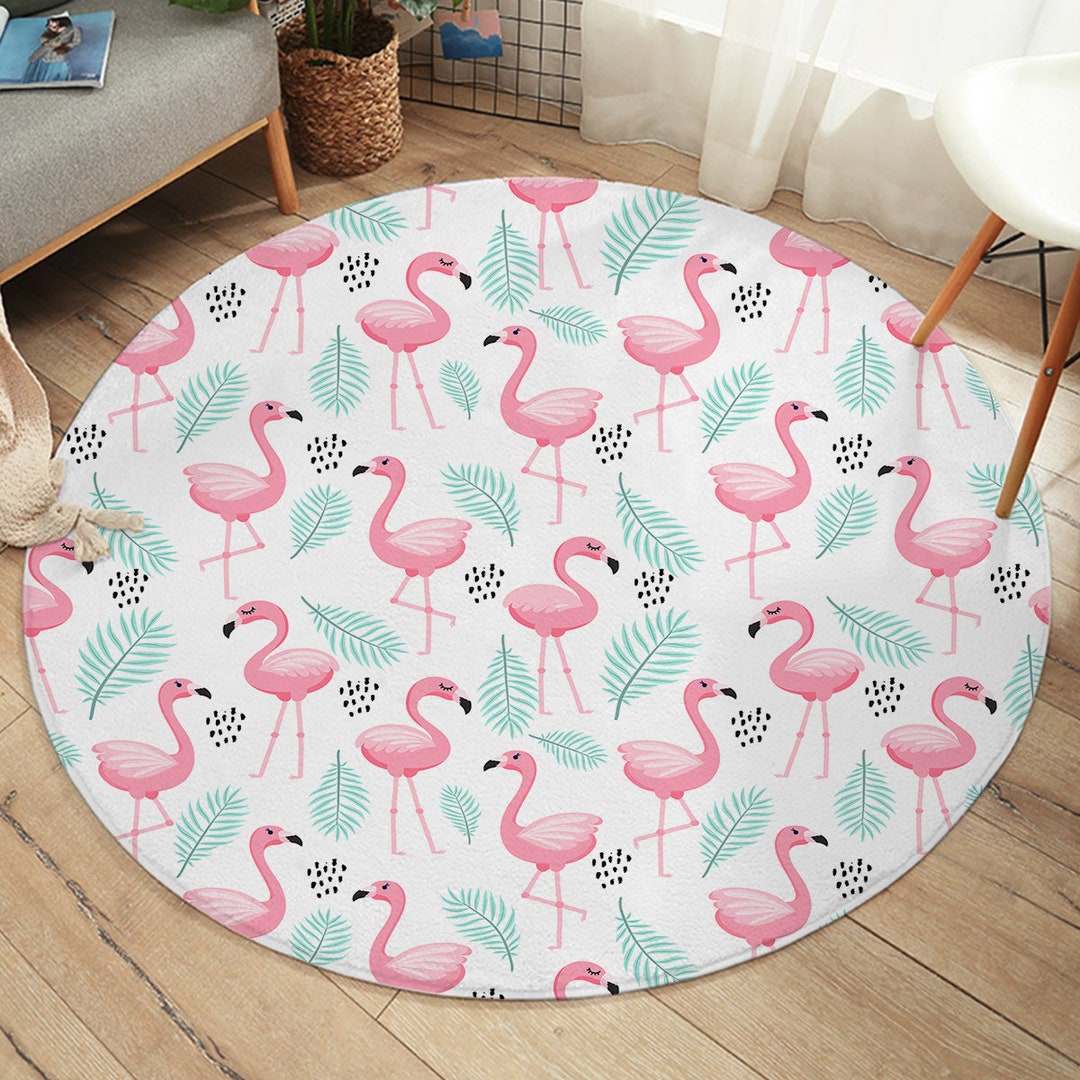 Pink Flamingos Area Rug, Coastal Round Floor Mat, Ocean Beach Theme ...