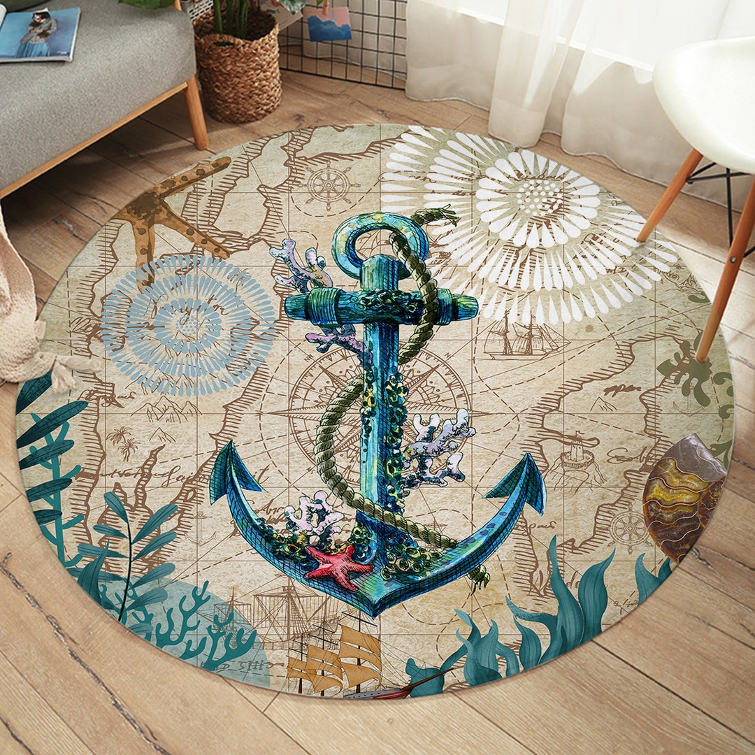 Nautical Round Area Rug, Anchor Floor Mat, Sea Chart Carpet, Windrose ...
