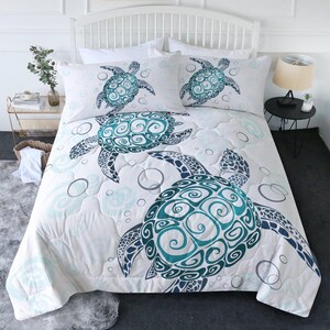 Sea Turtle Comforter Coastal Honu Reversible Quilt Aqua Bedding Set ...