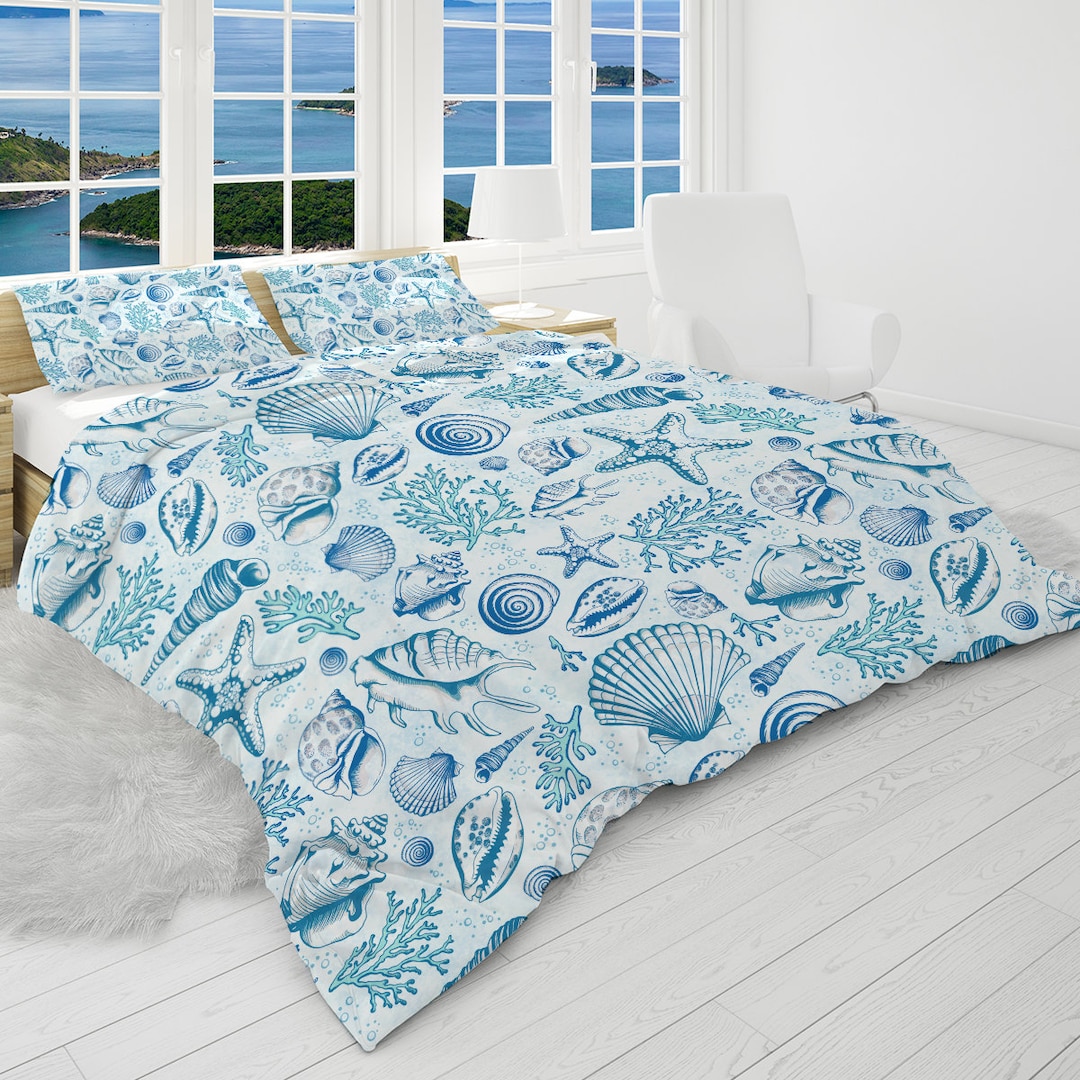 Coastal Reversible Comforter, Beach Bedding Set, Ocean Themed Quilt ...