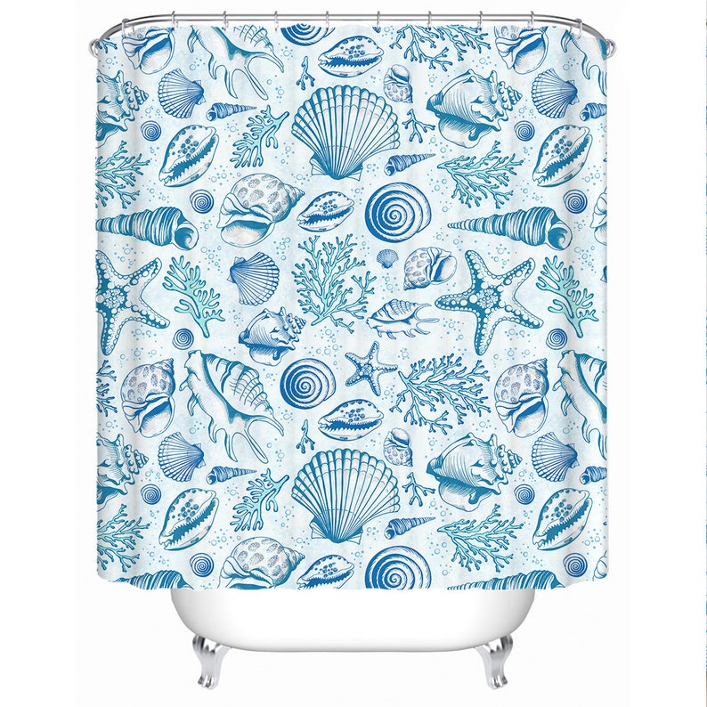 Blue Seashells Shower Curtain, Beach Theme Ocean Decor, Coastal Sealife ...