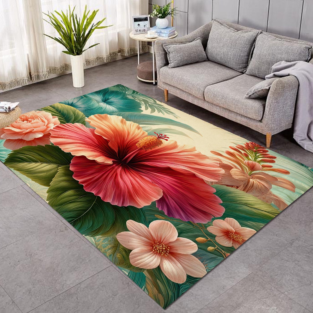 Hibiscus Flower Area Rug, Tropical Floor Mat, Floral Carpet, Hawaiian ...