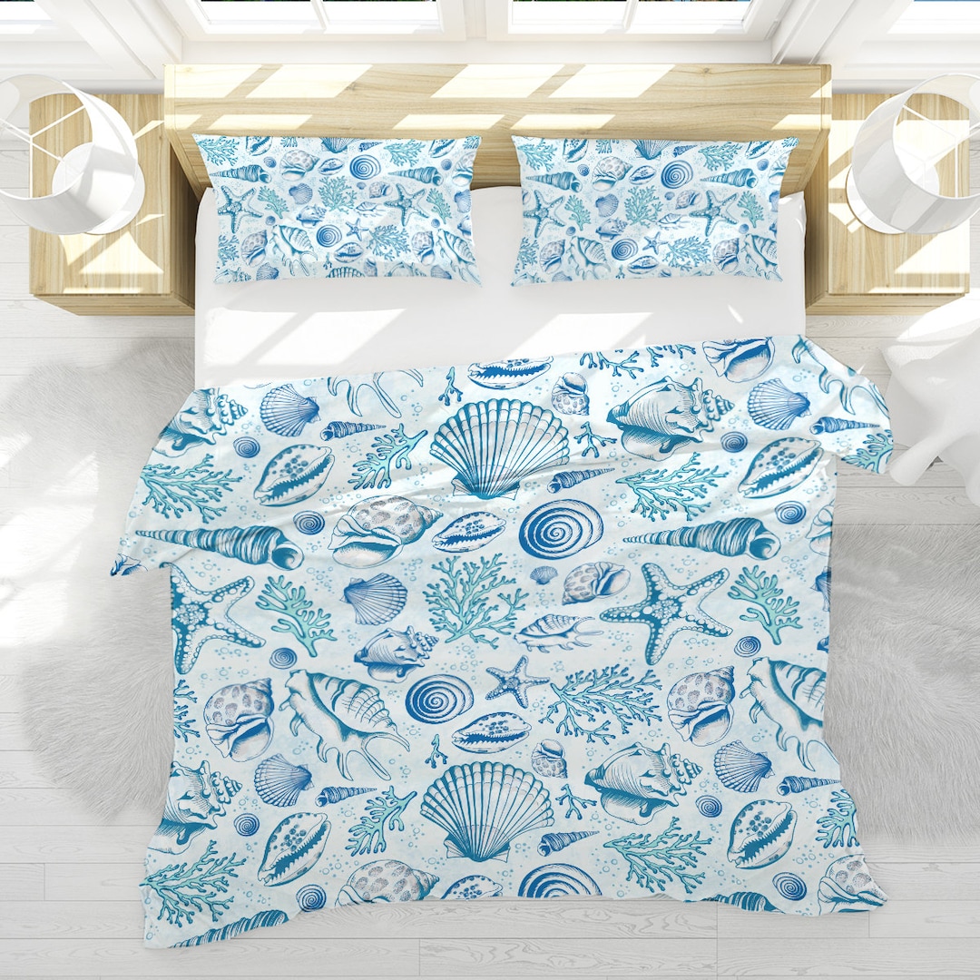 Coastal Duvet Cover, Reversible Quilt Cover, Blue Seashells Bedding Set ...