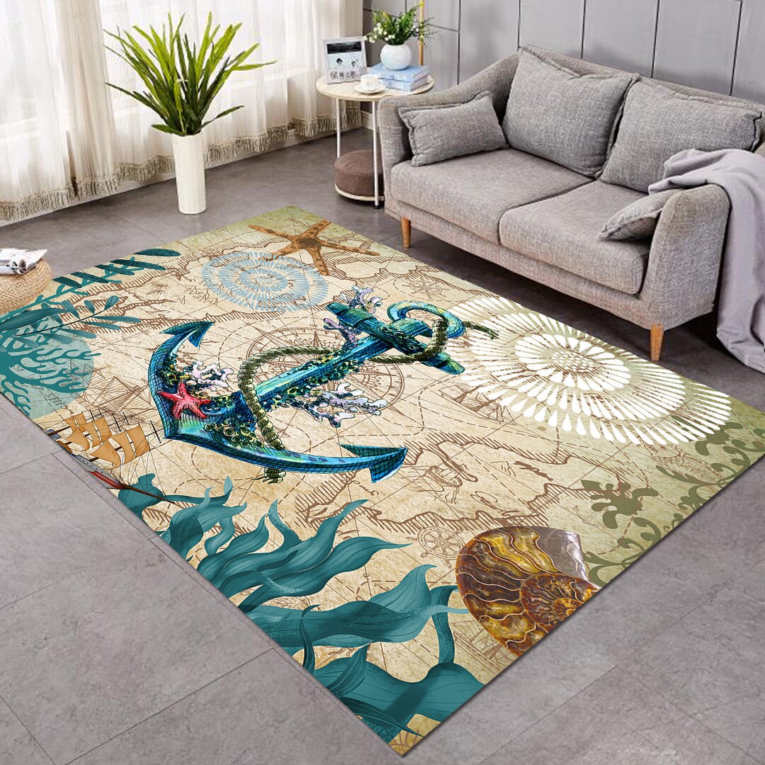 Nautical Area Rug, Ocean Themed Floor Mat, Coastal Carpet, Beach Decor ...