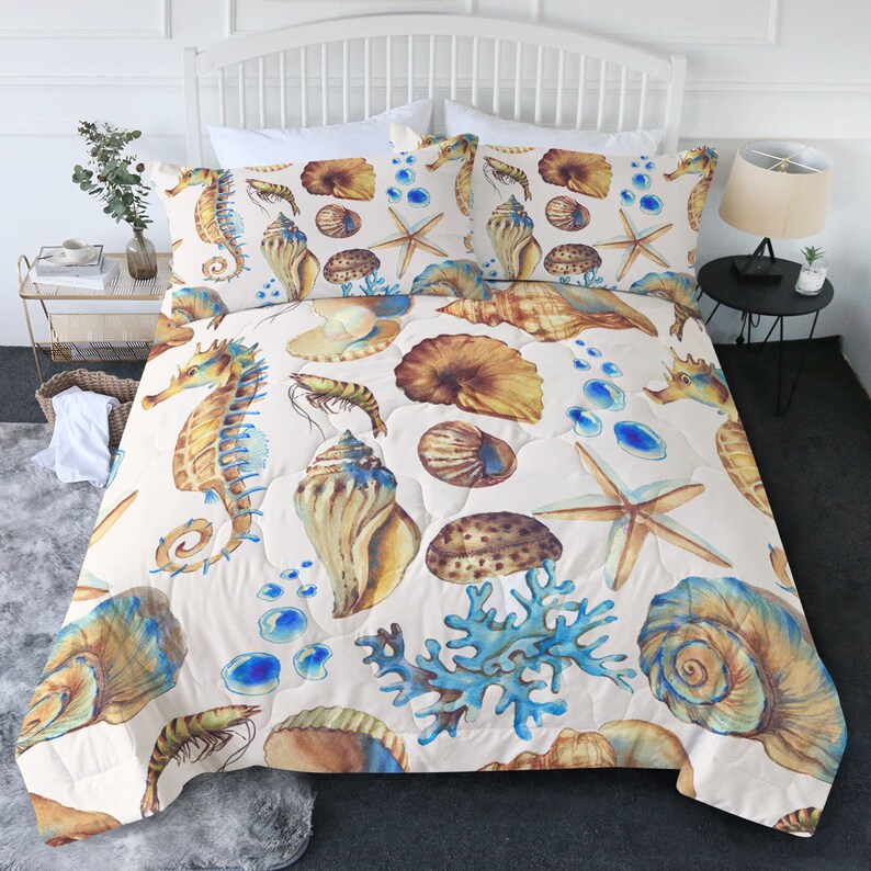 Seashells Comforter Set, Beach Themed Bedspread, Ocean Style Quilt ...