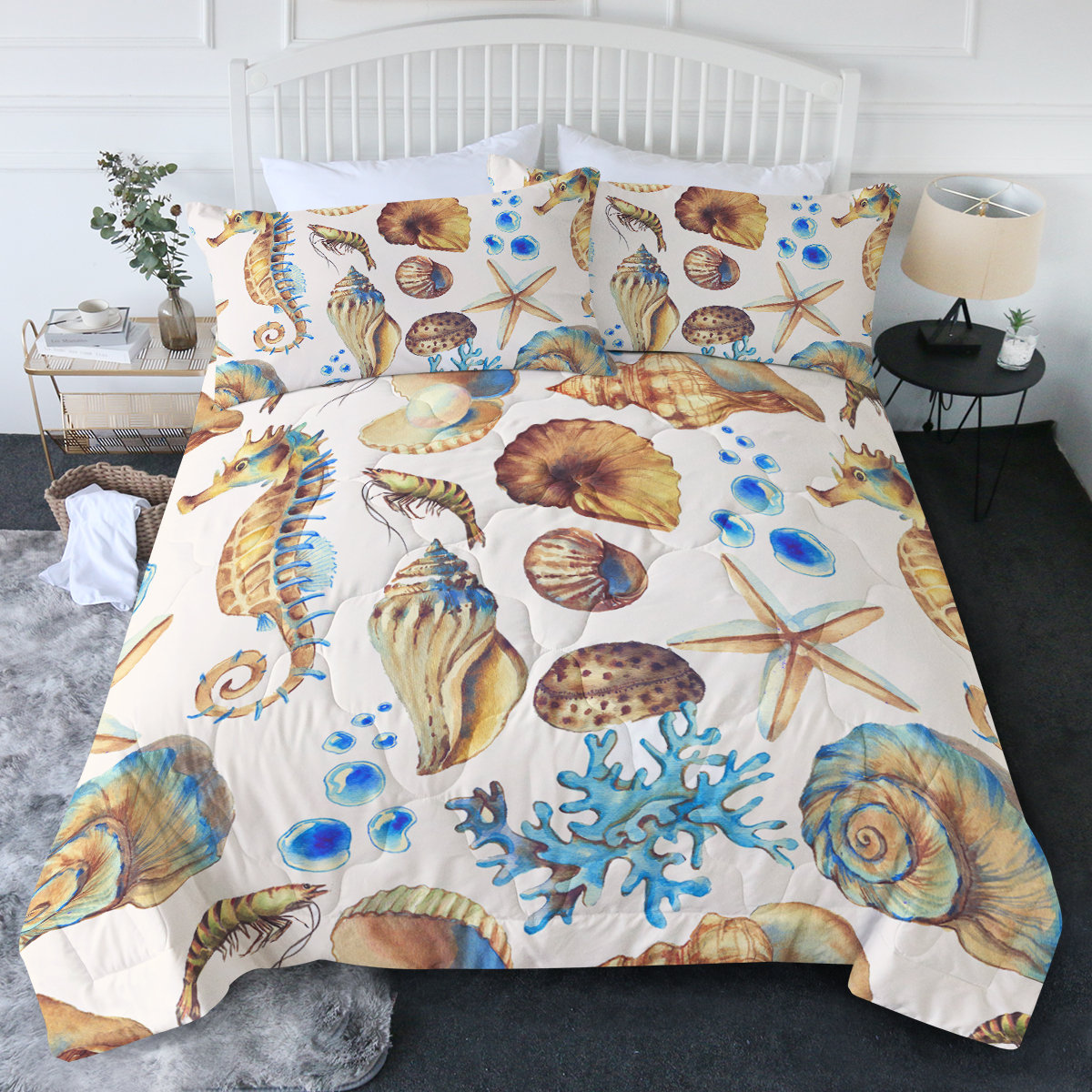 Seashells Comforter Set, Beach Themed Bedspread, Ocean Style Quilt ...