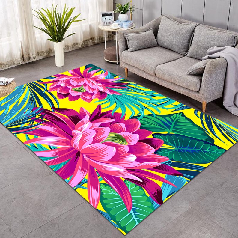 Tropical Flowers Area Rug, Pink Floral Floor Mat, Green Leaves Carpet ...