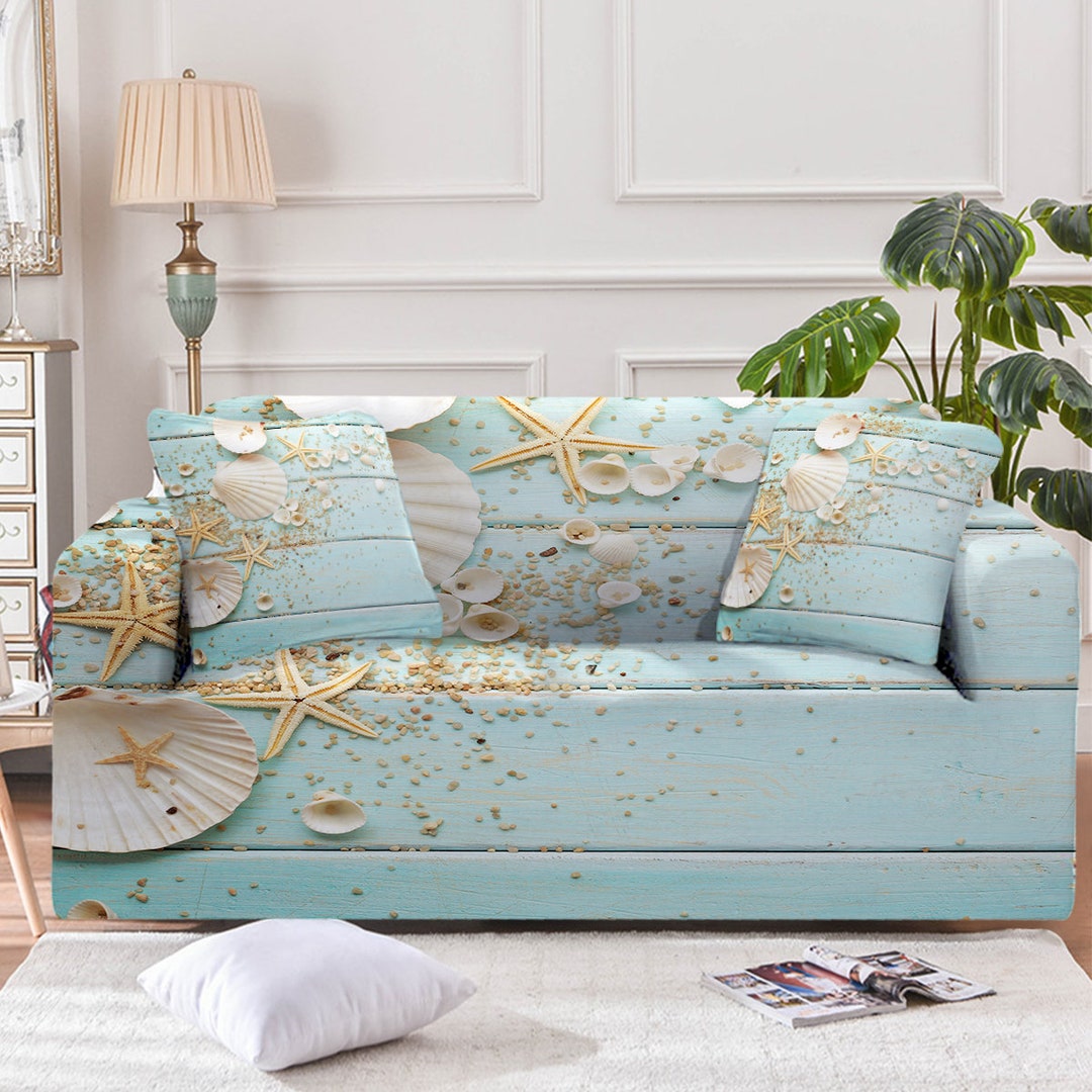 Couch Cover With Seashells Design on Blue Wood Background, Sofa ...