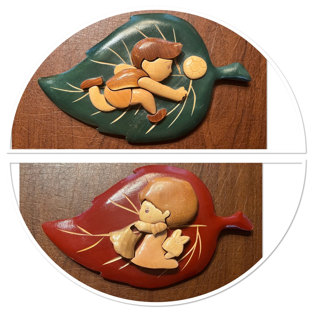 Vintage Leaf Shaped Boy & Girl 3D Intarsia Wood Carved Wall Plaques ...