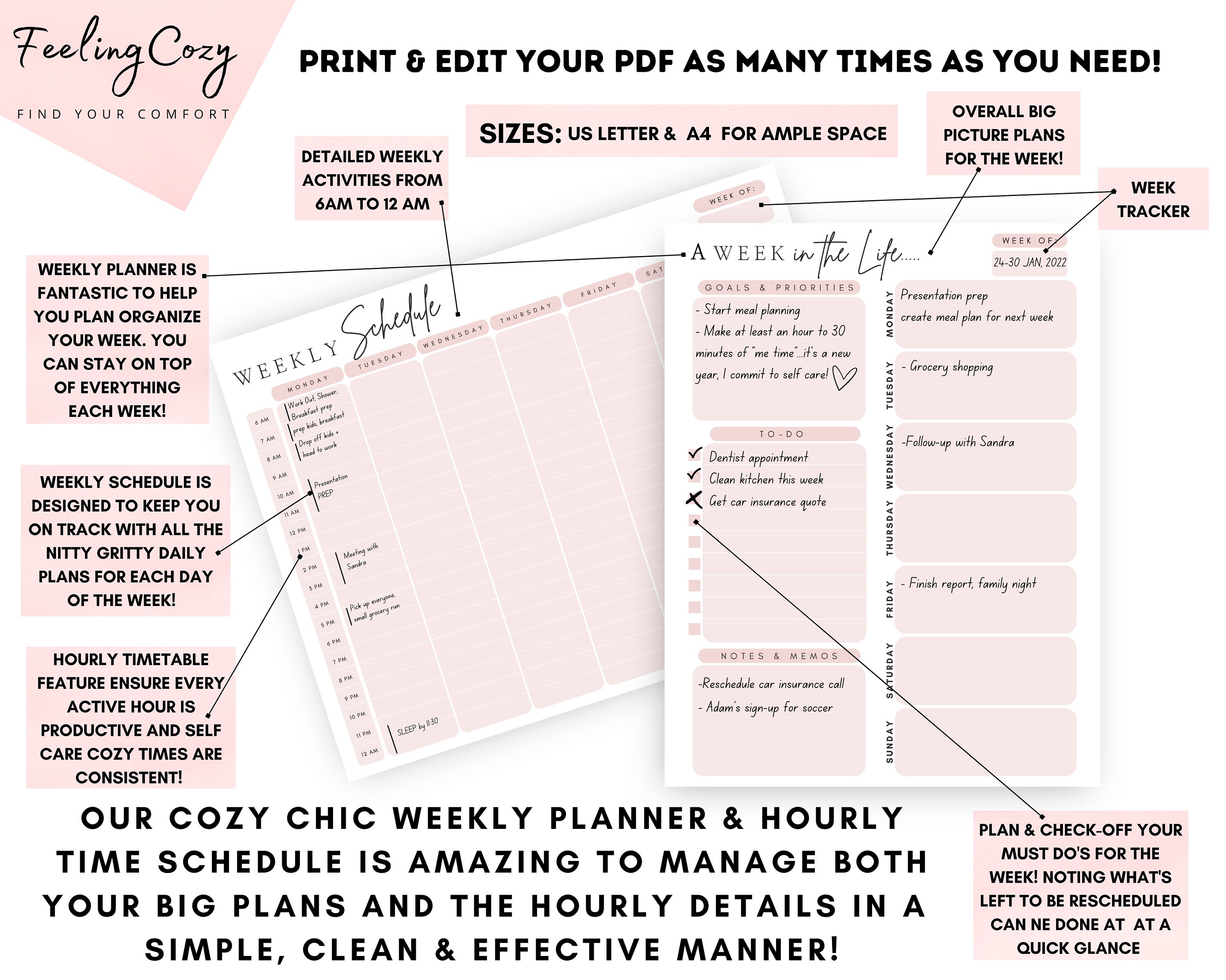 Weekly Planner Weekly Schedule Weekly Hourly Planner Hourly - Etsy