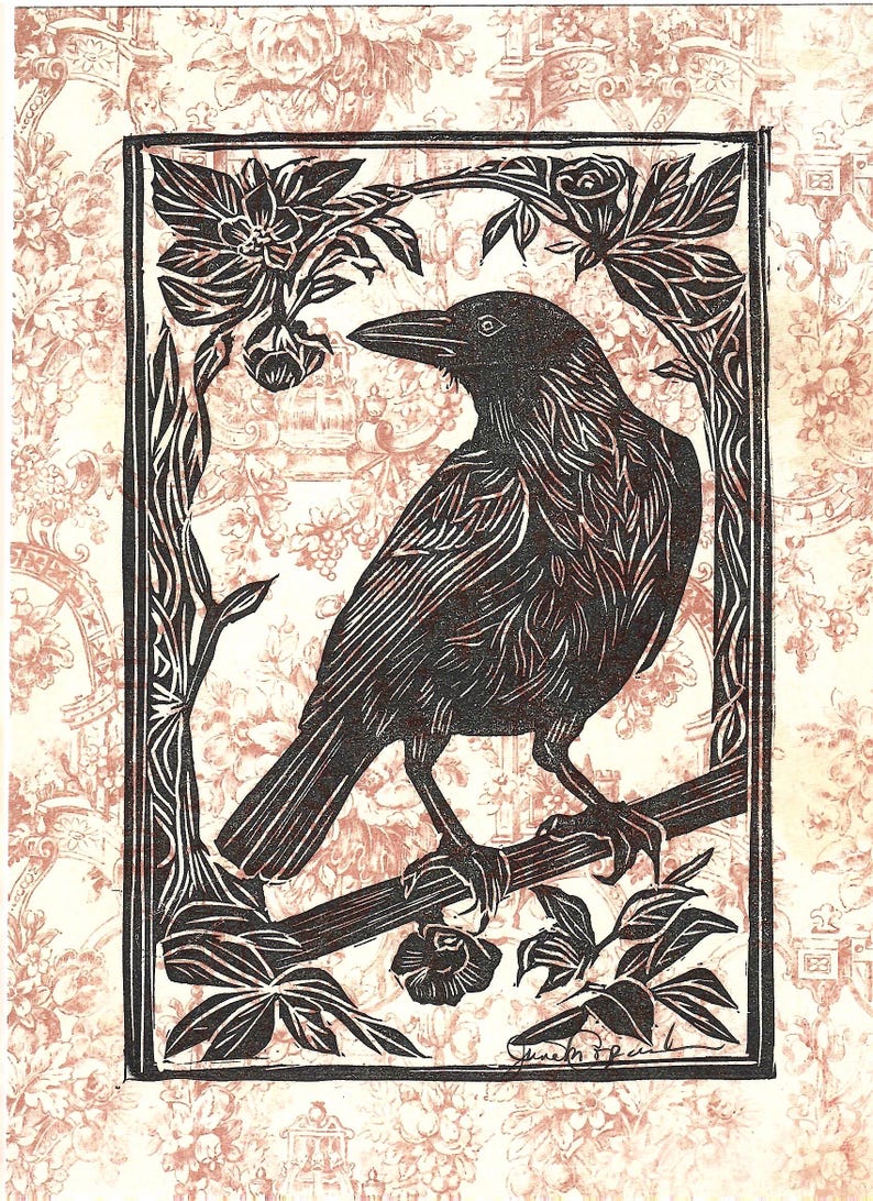 Vintage Crow Hand Carved Lino Print 8 X 10, Archival Ink - Etsy