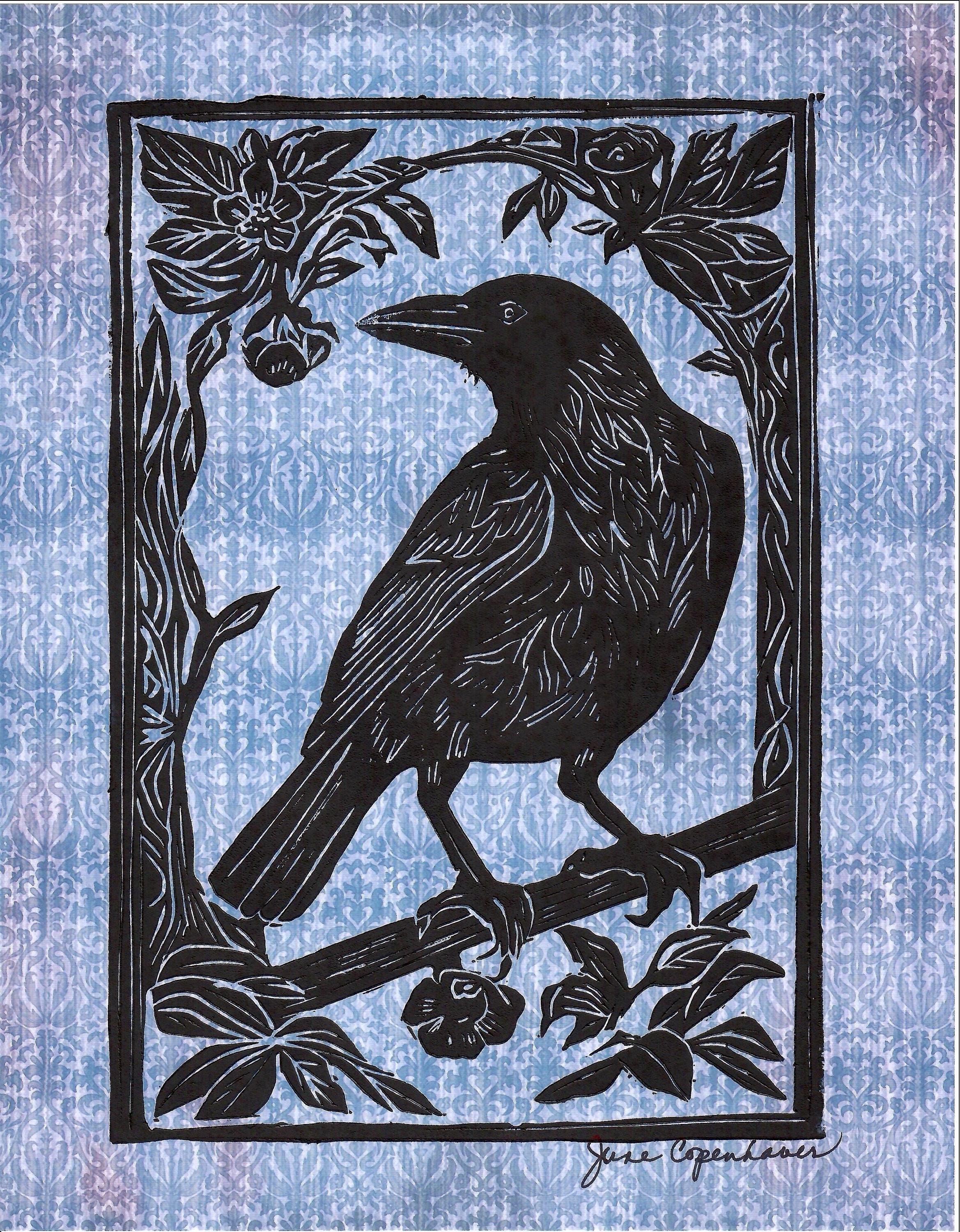 Vintage Crow Hand Carved Lino Print 8 X 10, Archival Block Printing Ink ...