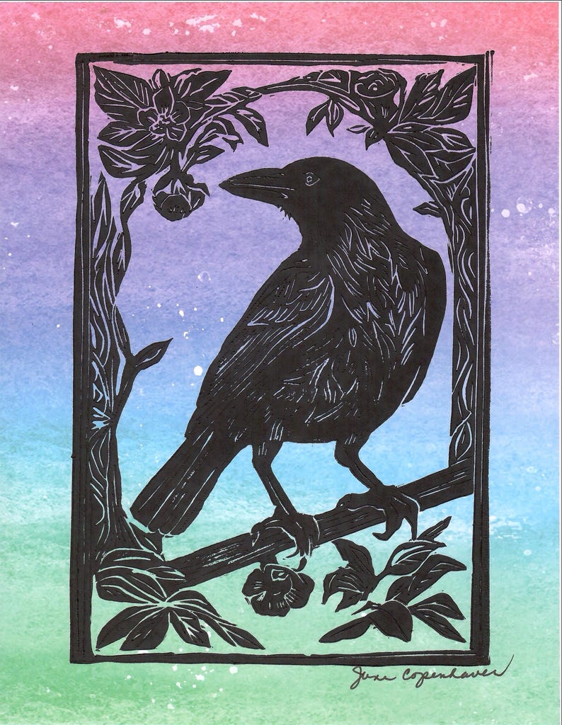 Vintage Crow Hand Carved Lino Print 8 X 10, Archival Block Printing Ink ...