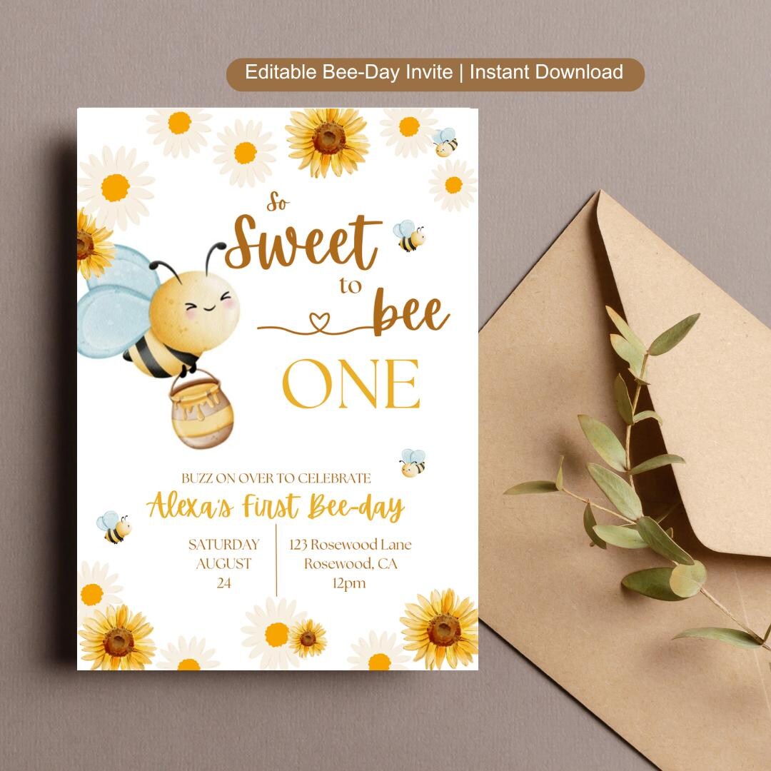 Bee Themed 1st Birthday Invitation | Editable Bumble Bee Party Invite ...