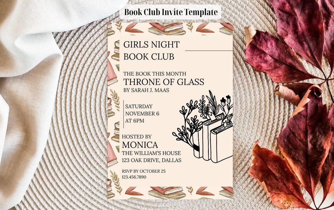 Girls Night Book Club Invitation | 2-sided Book Club Invite Template ...
