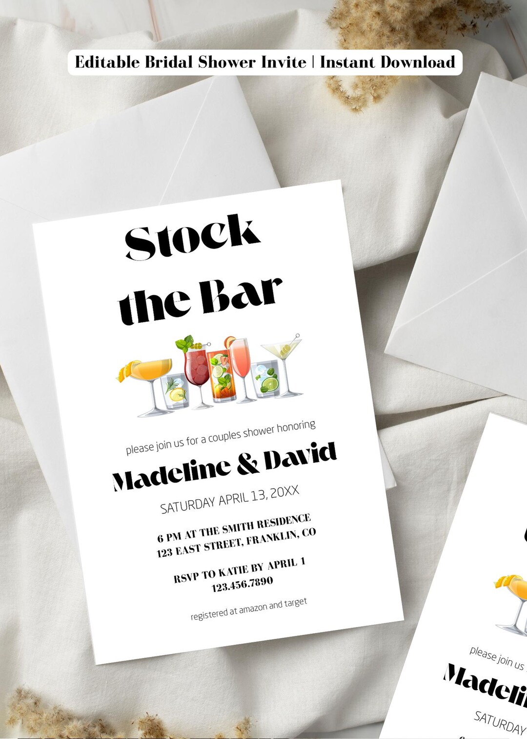 Stock the Bar Shower Invitation: Modern Cocktail Theme (digital ...