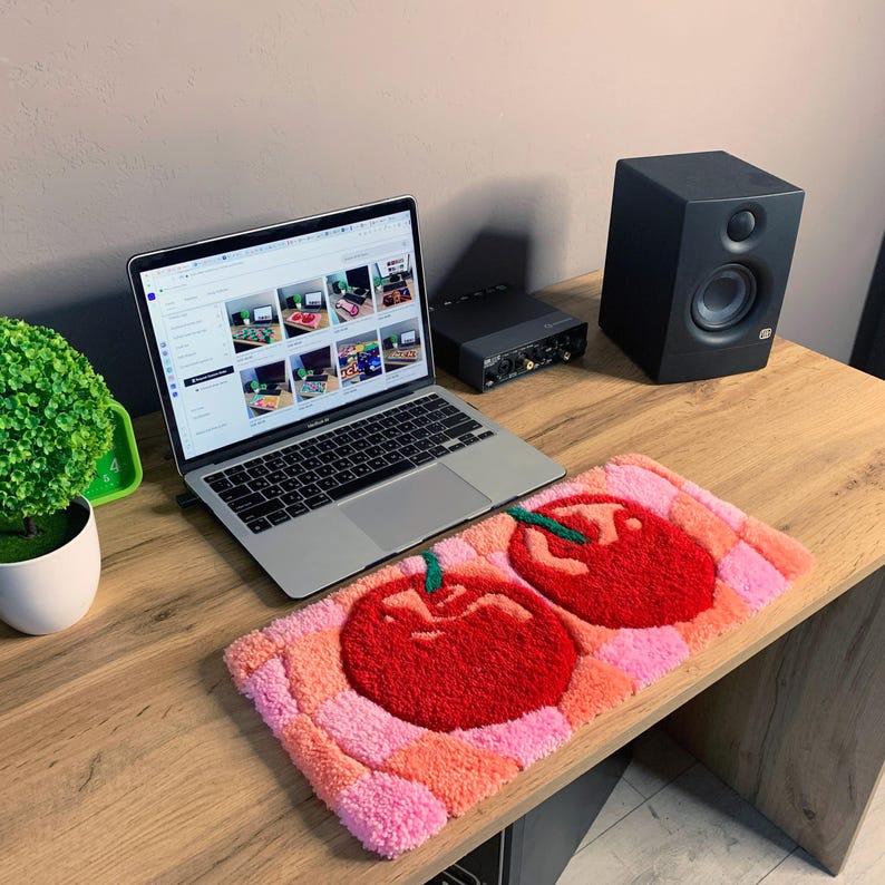Cherry Checkered Tufted Keyboard Rug - Handmade Pink Punch Needle Desk ...