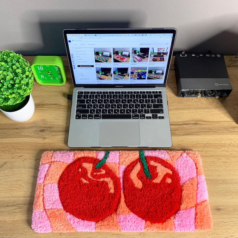Cherry Checkered Tufted Keyboard Rug - Handmade Pink Punch Needle Desk ...
