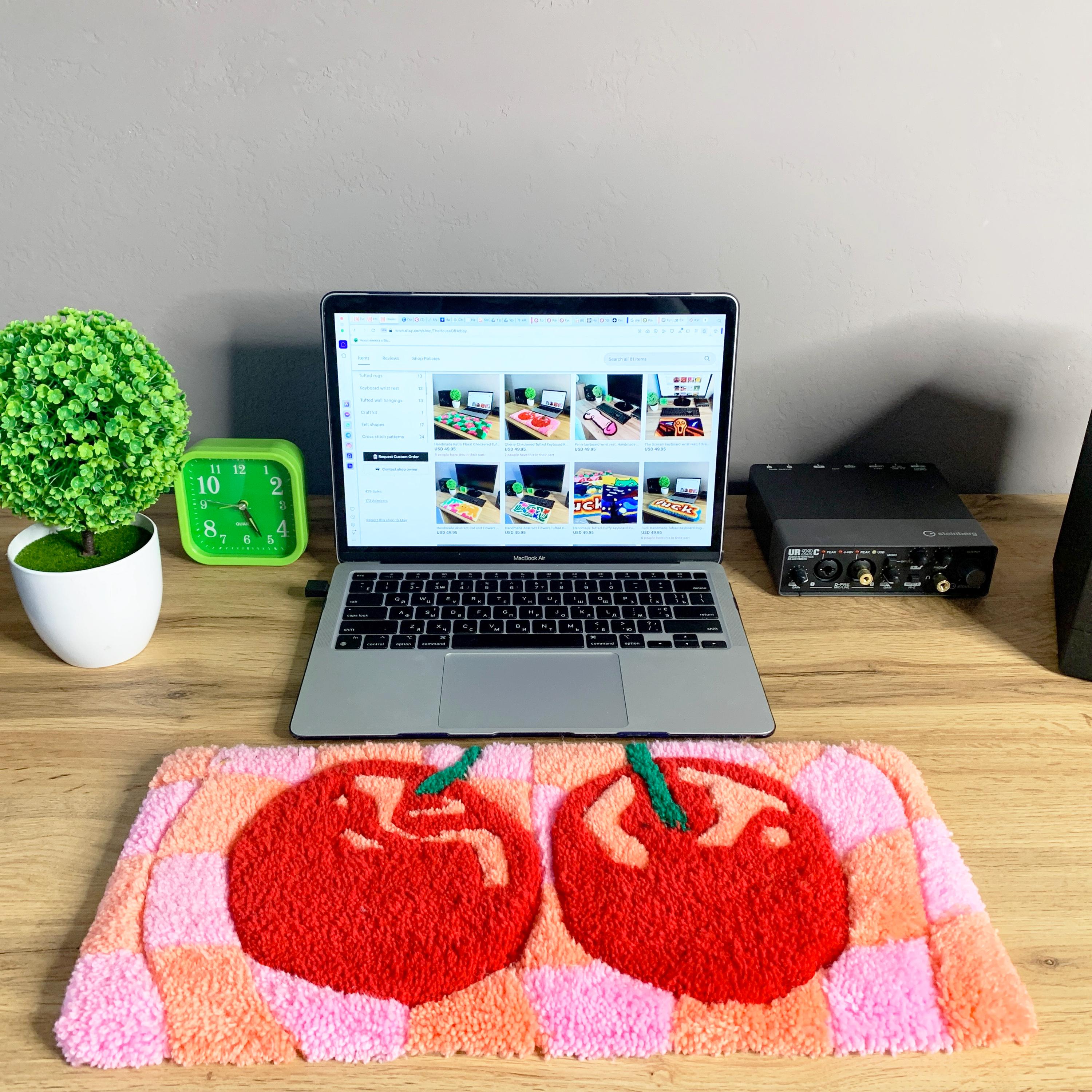Cherry Checkered Tufted Keyboard Rug - Handmade Pink Punch Needle Desk ...