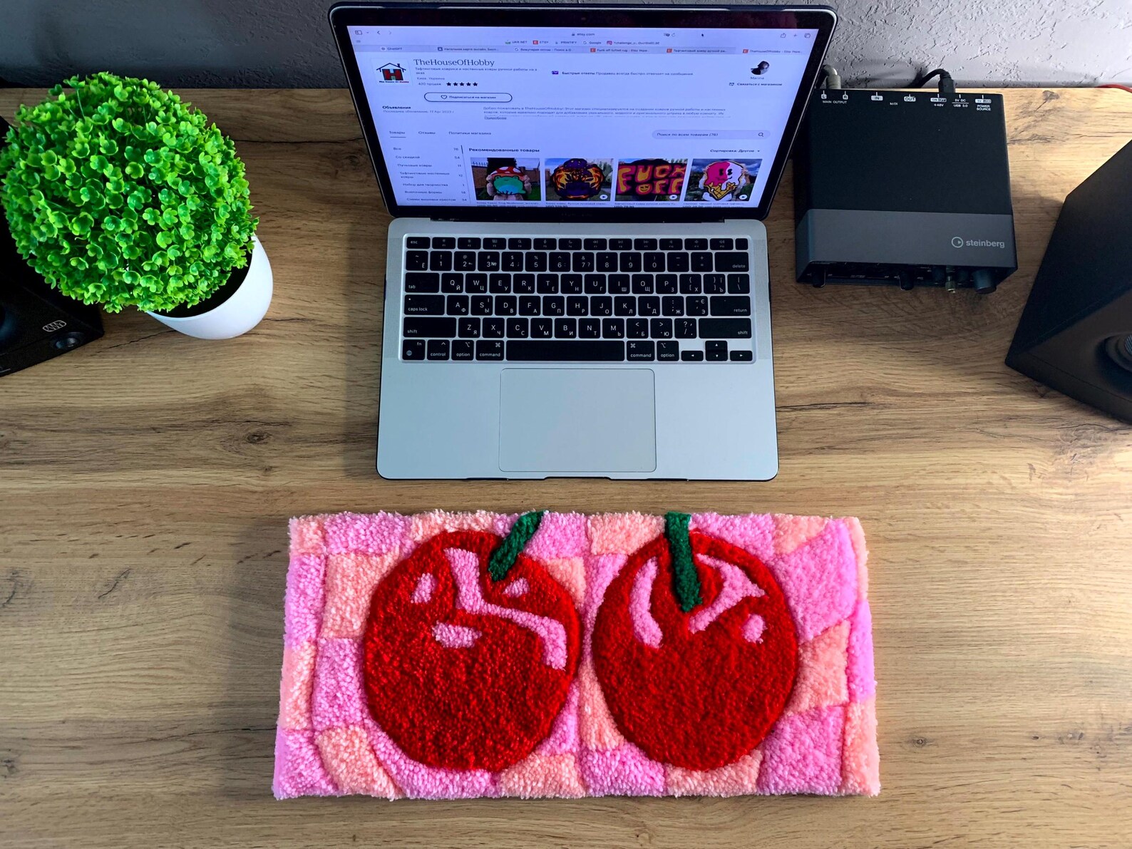 Cherry Checkered Tufted Keyboard Rug Handmade Pink Punch Needle Desk ...