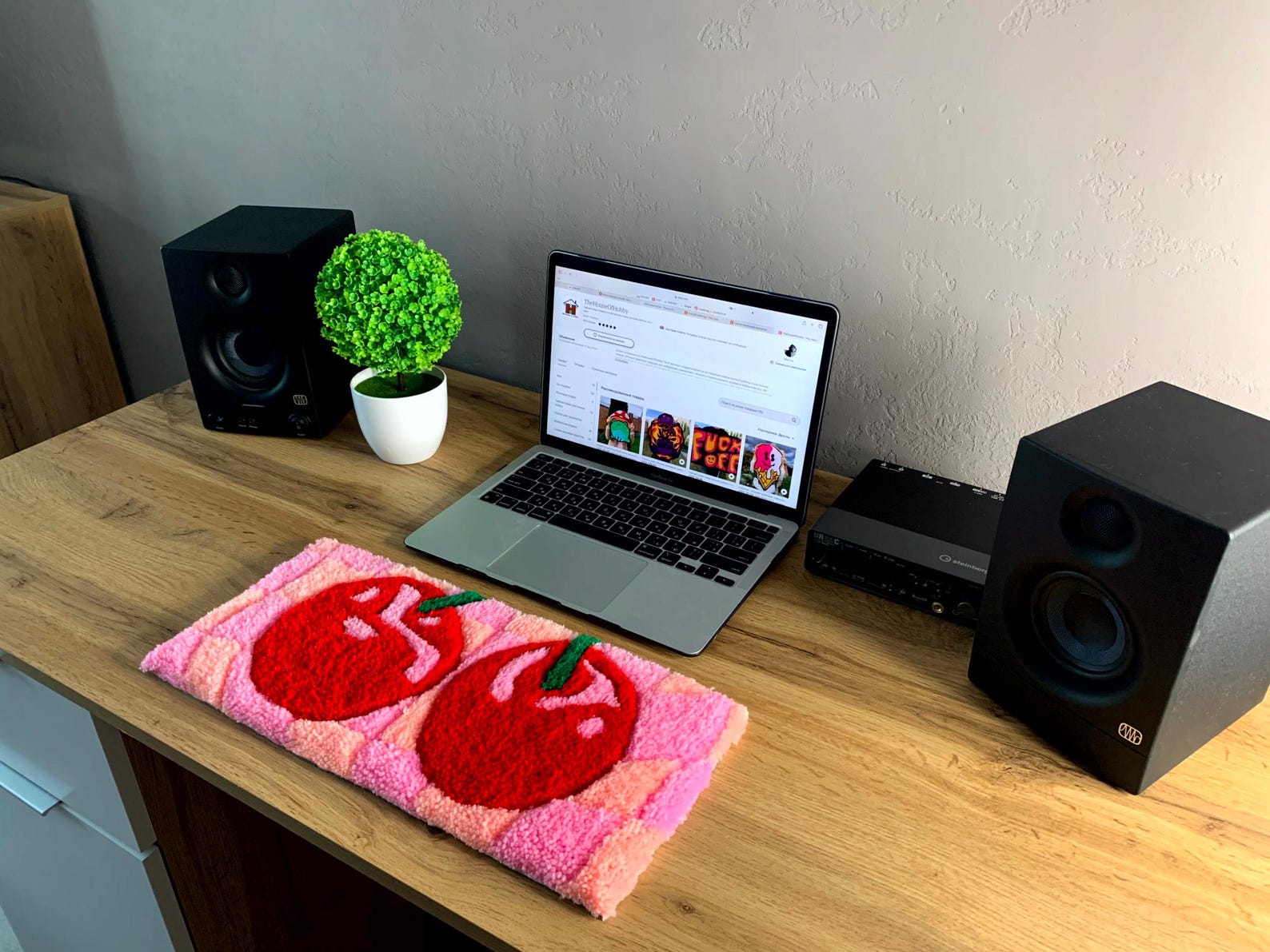 Cherry Checkered Tufted Keyboard Rug Handmade Pink Punch Needle Desk ...