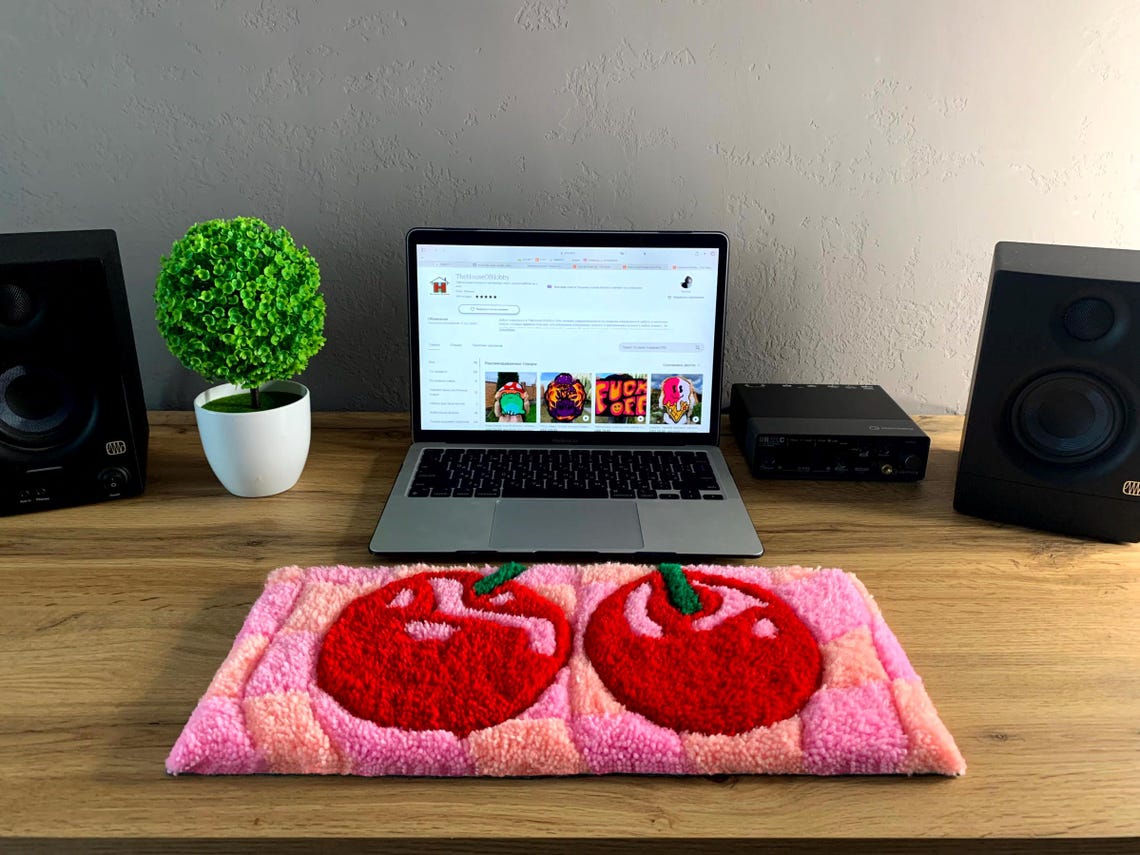 Cherry Checkered Tufted Keyboard Rug Handmade Pink Punch Needle Desk ...