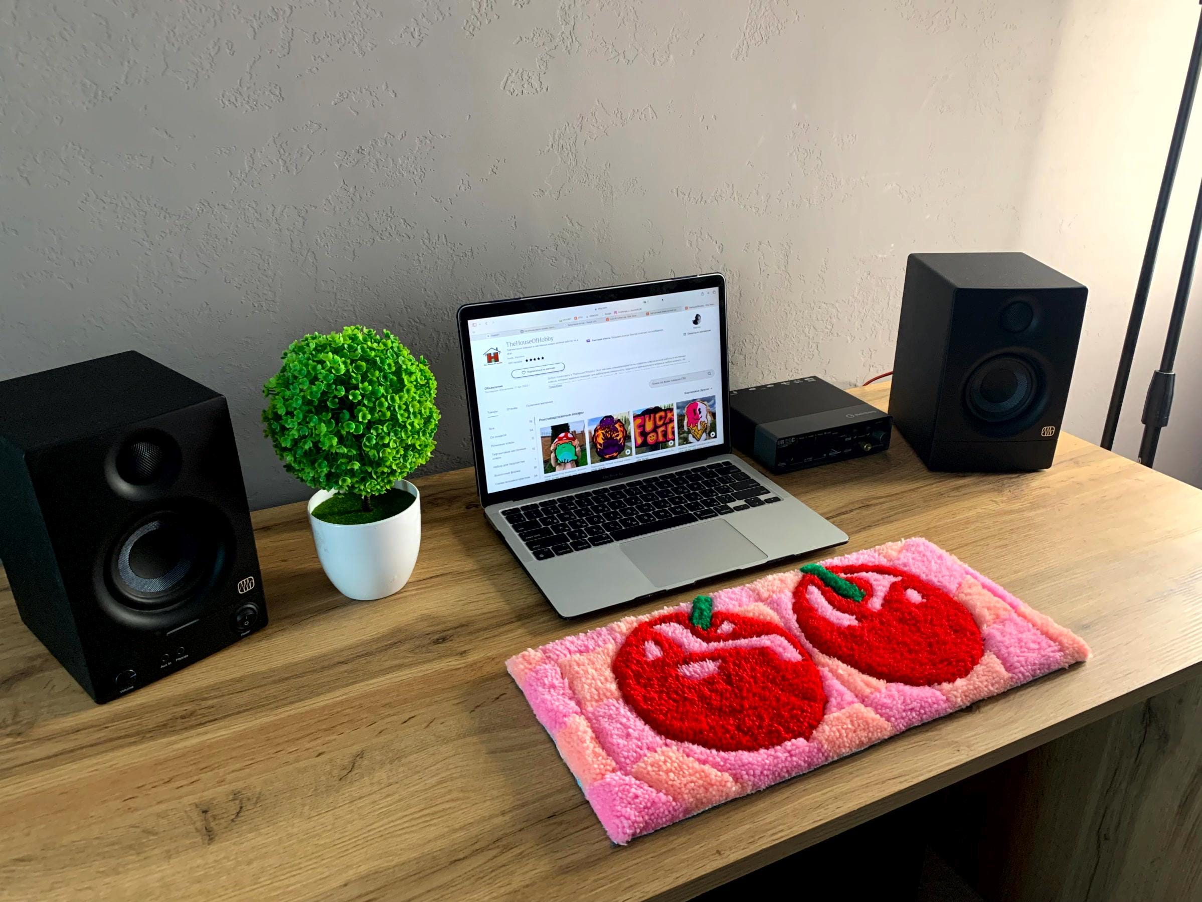 Cherry Checkered Tufted Keyboard Rug Handmade Pink Punch Needle Desk ...