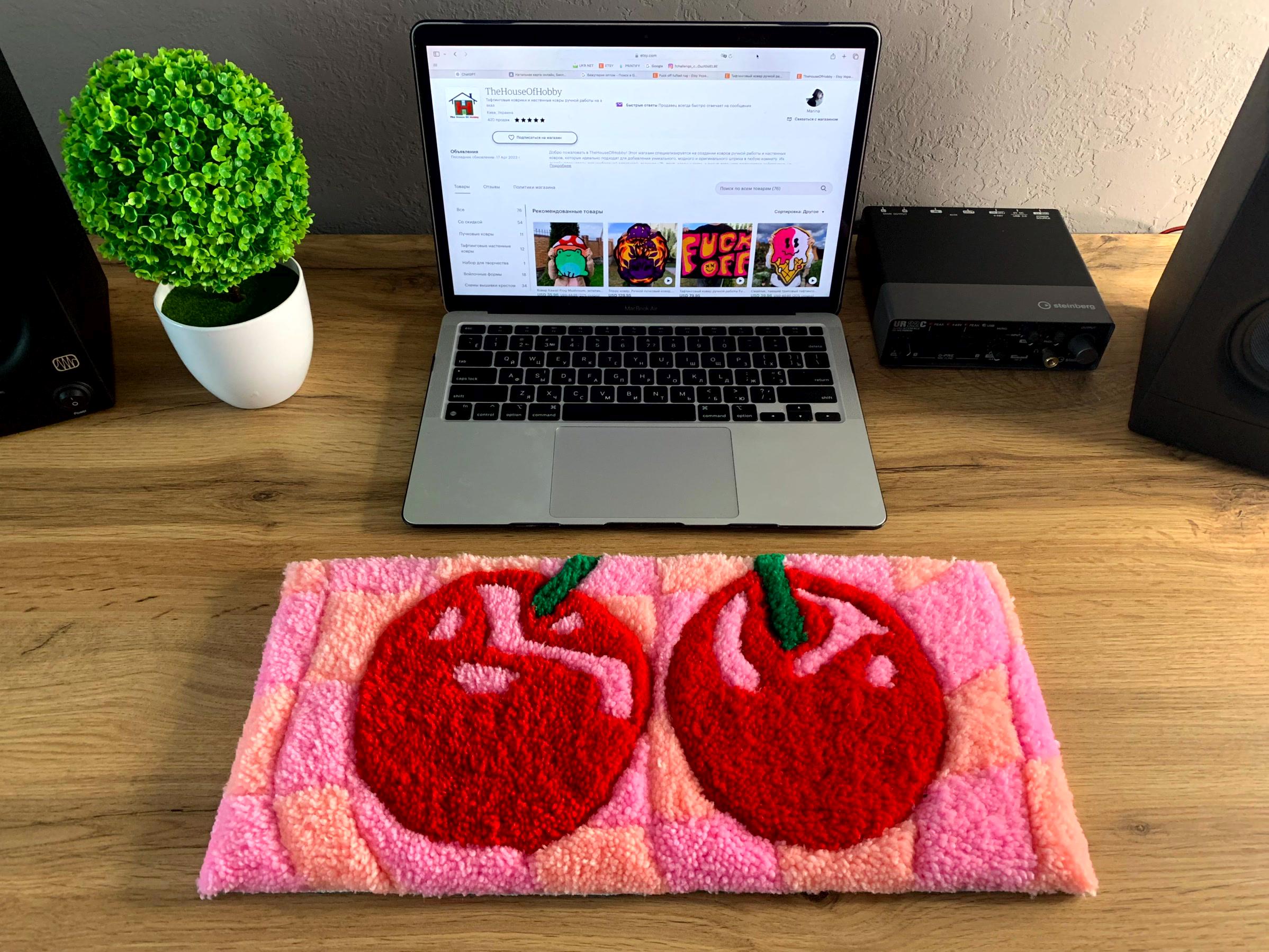 Cherry Checkered Tufted Keyboard Rug Handmade Pink Punch Needle Desk ...