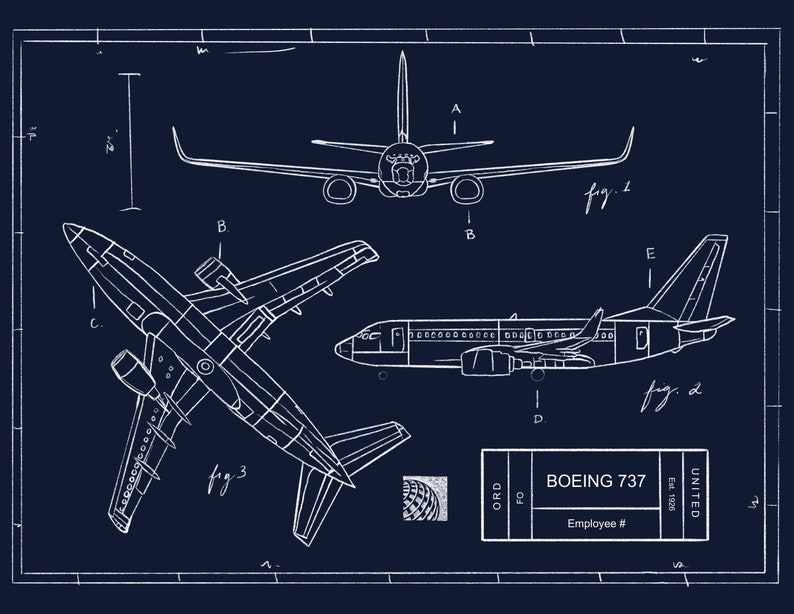 Customizable United Boeing 737 Blueprint Illustration - Etsy