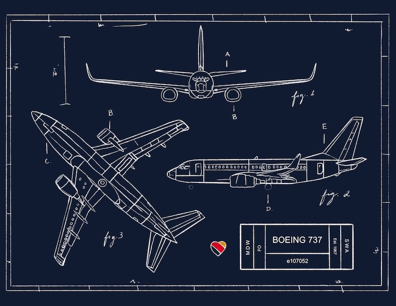 Customizable Southwest Boeing 737 Blueprint Illustration - Etsy