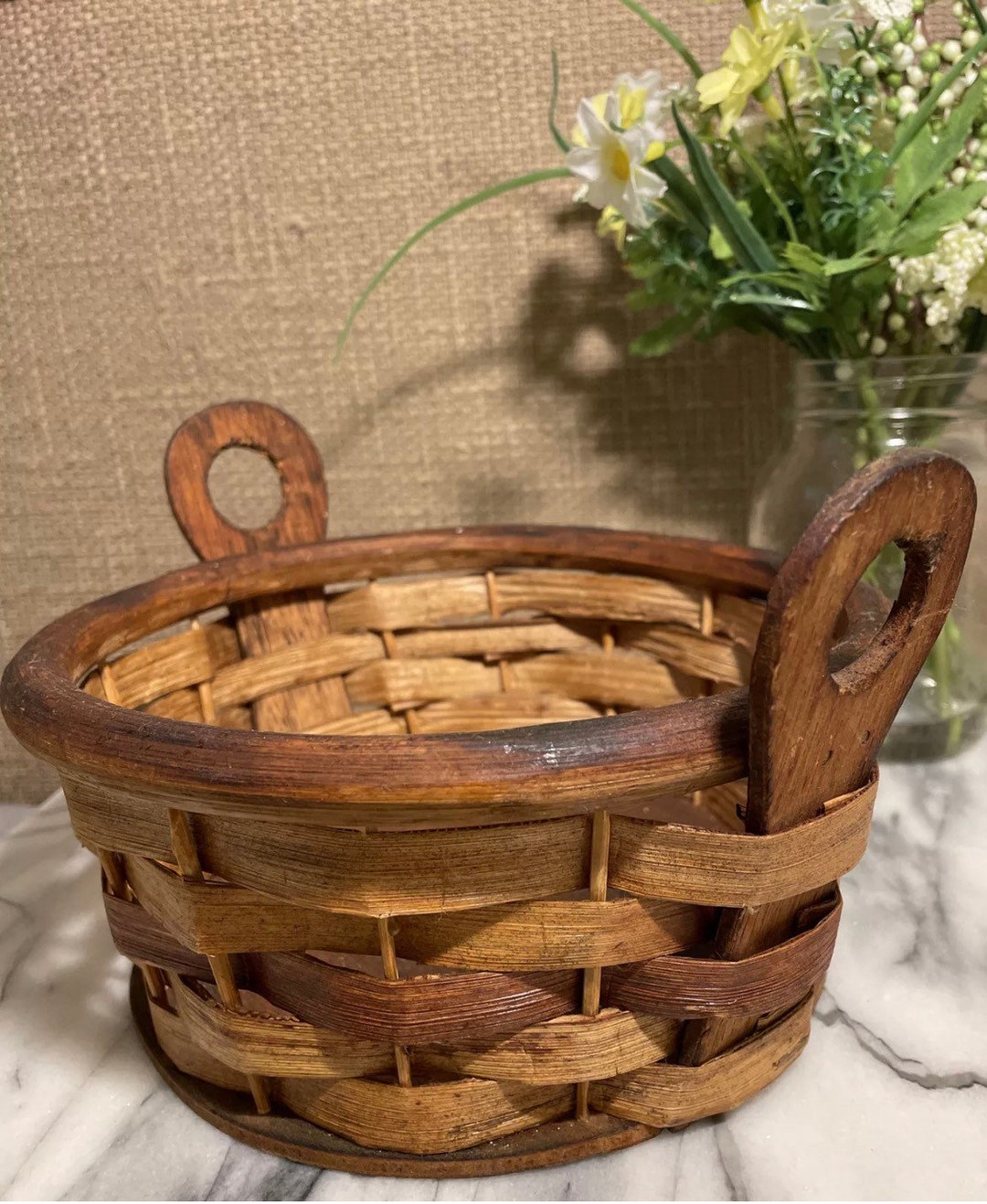 Vintage Primitive Split Wood Basket Wooden Base Rim Handles *great ...